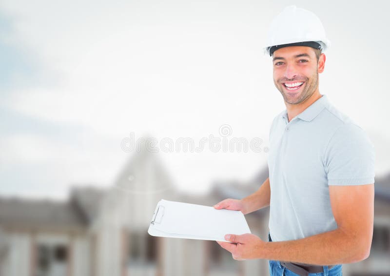 Construction Worker with Chart in Front of Construction Site Stock ...