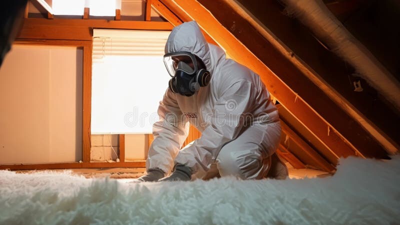 Construction Worker Checking Mineral Wool Insulation Wearing Protective ...