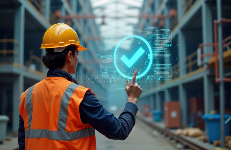 Construction Worker Checks Virtual Quality Mark. Person in Construction ...