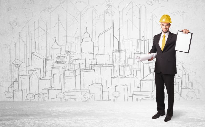 Construction Worker with Cityscape Background Stock Photo - Image of ...