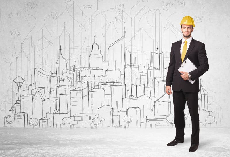 Construction Worker with Cityscape Background Stock Image - Image of ...