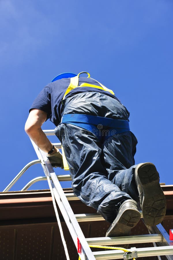 Construction Worker Climbing Ladder Stock Image - Image of adult ...