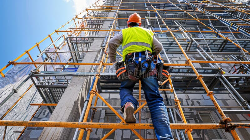 Construction Worker Climbing a Scaffold on a Bright Day Stock ...