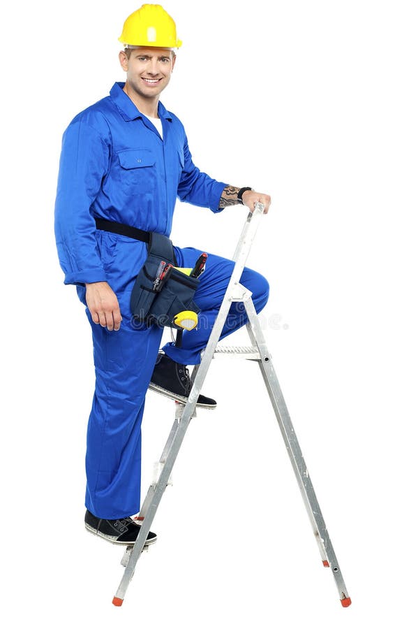 Construction Worker Climbing Up the Stepladder Stock Image - Image of ...