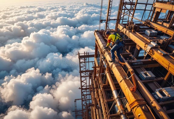 Construction Worker Climbs High Structure Above Clouds during Bright ...