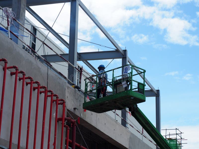 Construction Worker Using Lifting Boom Stock Photo - Image of pole ...