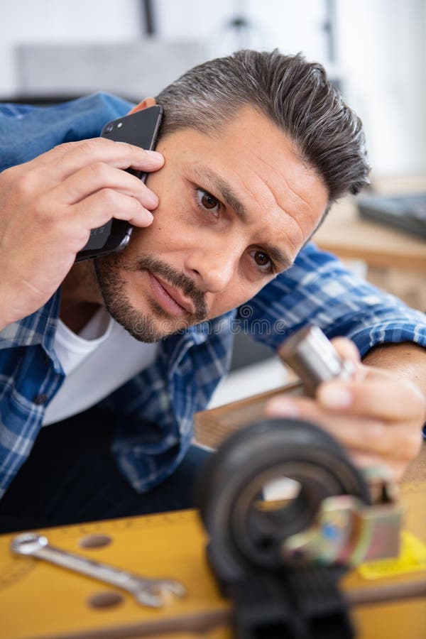 Construction Worker with Contemporary Mobile Phone Stock Photo - Image ...