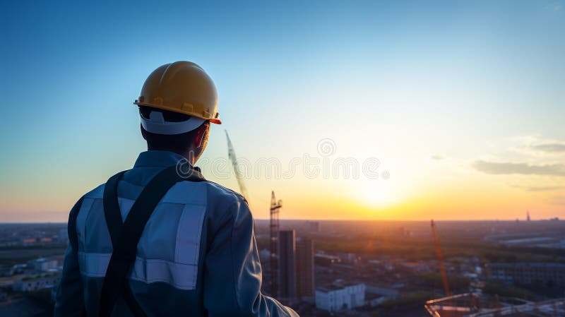 Construction Worker Control Construction Site and Sunset. - Generative ...