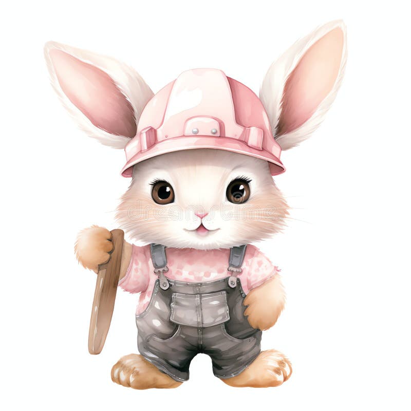 Construction Worker Cute Bunny with Hard Hat Pink Cute Bunny Watercolor ...