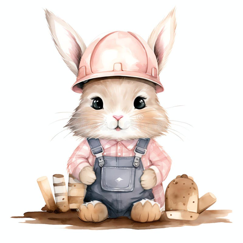 Construction Worker Cute Bunny with Hard Hat Pink Cute Bunny Watercolor ...