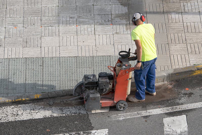 Construction Worker Cutting Concrete Floor Stock Photo - Image of ...