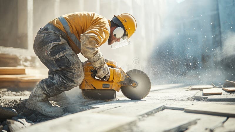 Construction Worker Cutting Concrete with a Power Tool Stock Photo ...