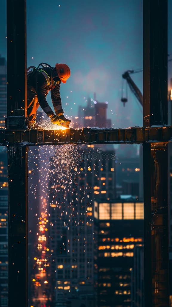 Construction Worker Cutting Metal Beams with a Torch on a Skyscraper ...