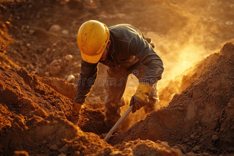 Construction Worker Digging Hole in Dry Soil Warm Light Stock Photo ...
