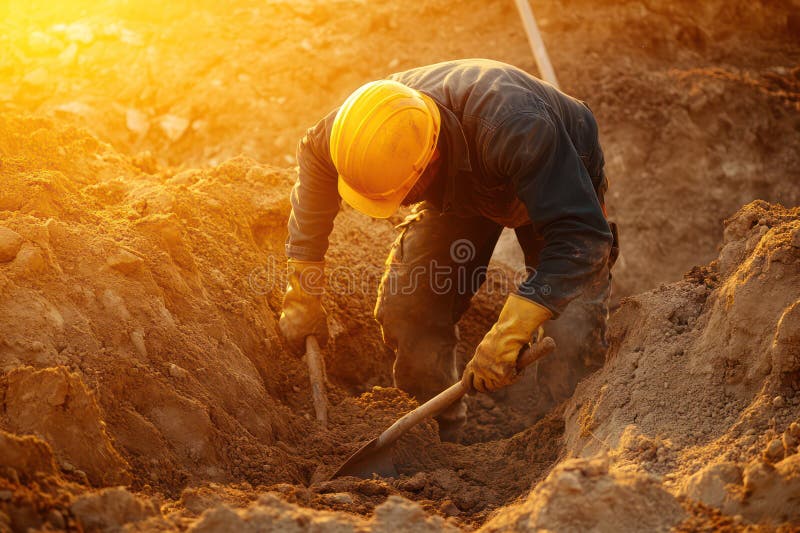 Construction Worker Digging Hole Dry Soil Warm Light Stock Photos ...