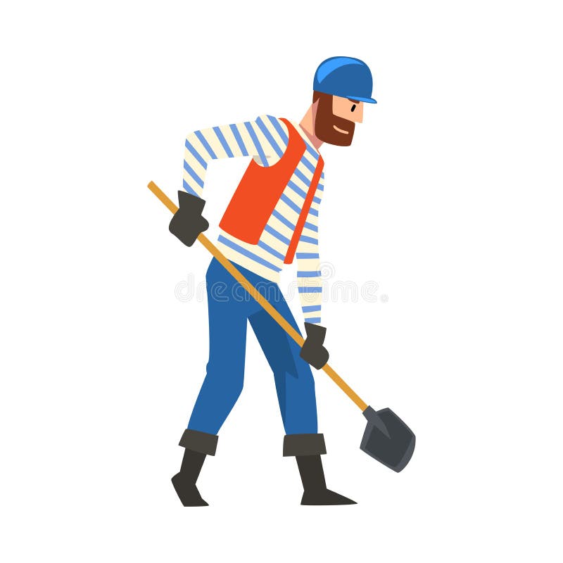 Construction Worker Digging with Shovel, Male Builder Character Wearing ...