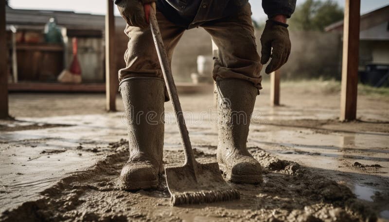Construction Worker Digging with Shovel on Rural Construction Site ...