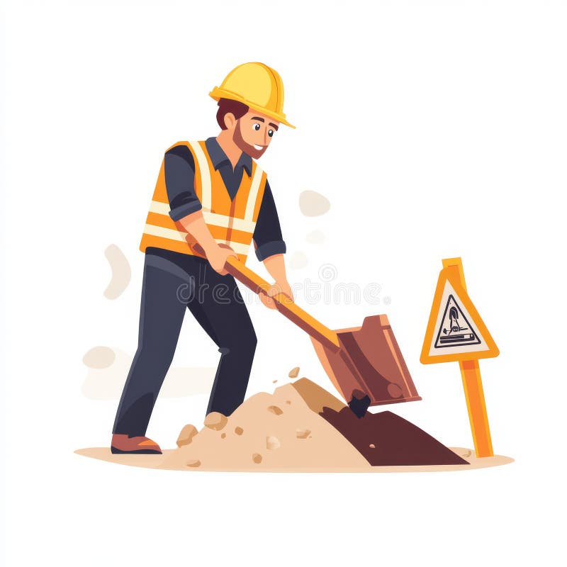 Construction Worker Digging with Shovel Safety Sign Stock Illustration ...