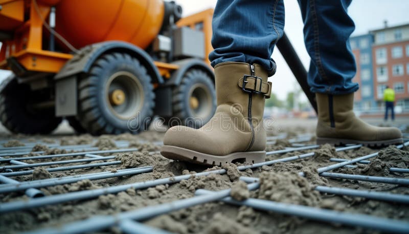 Construction Worker Directs Concrete Flow into Formwork on High-rise ...