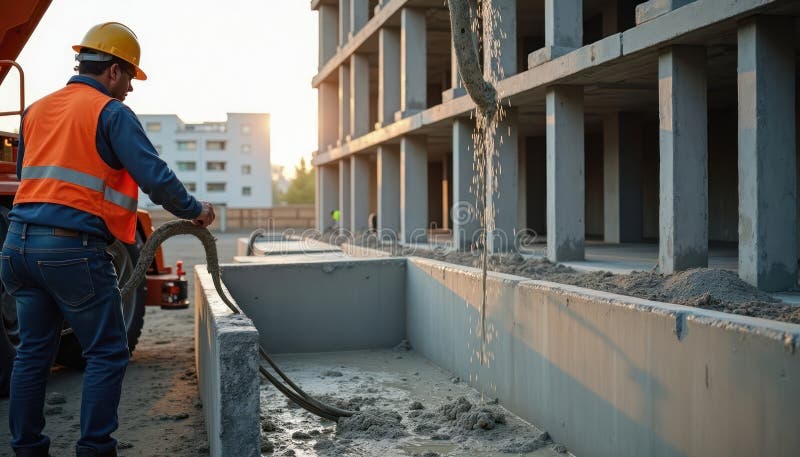 Construction Worker Directs Concrete Flow into Formwork for High-rise ...