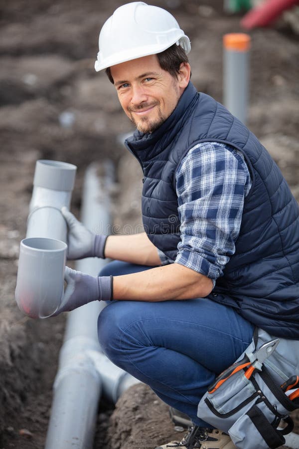 Construction Worker in Ditch Doing Hard Work Stock Image - Image of ...