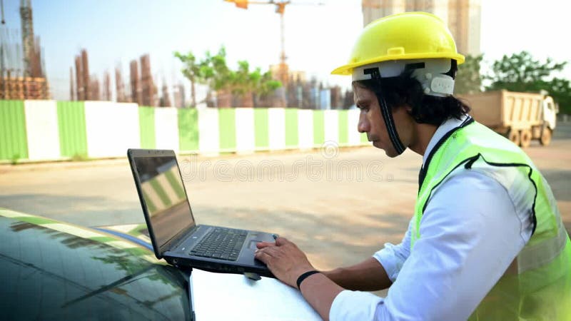 Construction Worker Doing Work with Laptop Stock Video - Video of ...