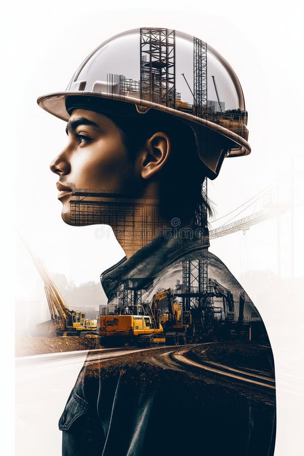 Construction Worker Double Exposure. Building Engineer or Architect ...