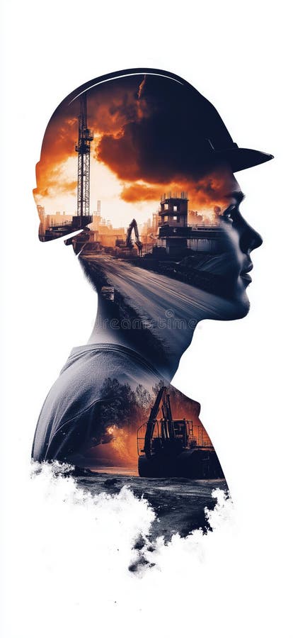 Construction Worker Double Exposure. Building Engineer or Architect ...