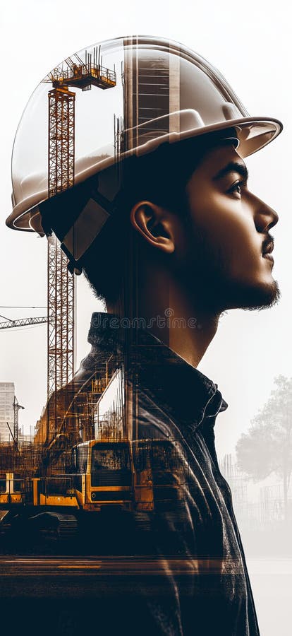 Construction Worker Double Exposure. Building Engineer or Architect ...