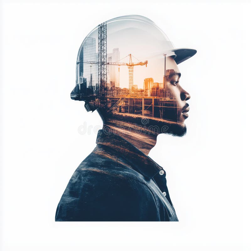 Construction Worker Double Exposure. Building Engineer or Architect ...