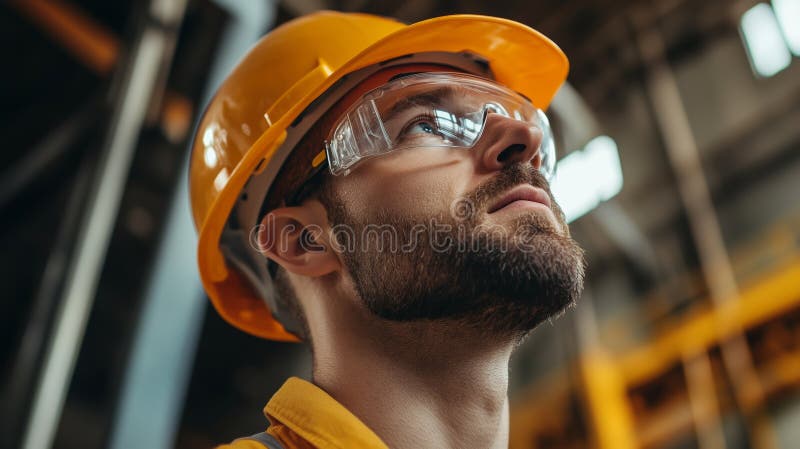 Construction Worker Wearing Safety Gear Gazing Upwards in an Industrial ...