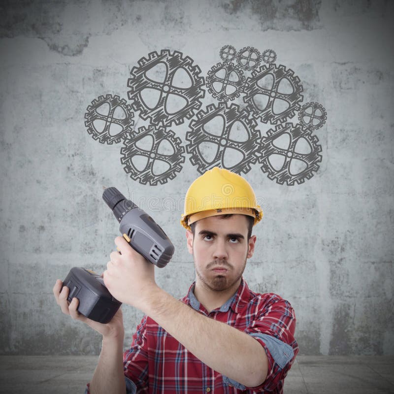 Construction Worker with Drill Thinking Stock Photo - Image of ...