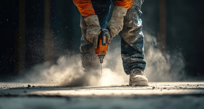 Construction Worker Drilling Concrete Floor, Wearing Protective ...