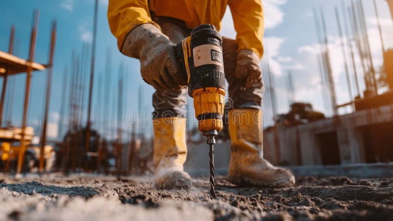 Construction Worker Drilling into Concrete with a Power Drill Stock ...