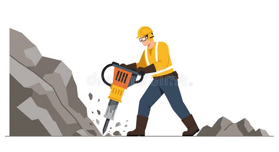 Construction Worker Drilling Rock with Jackhammer on Site Stock ...