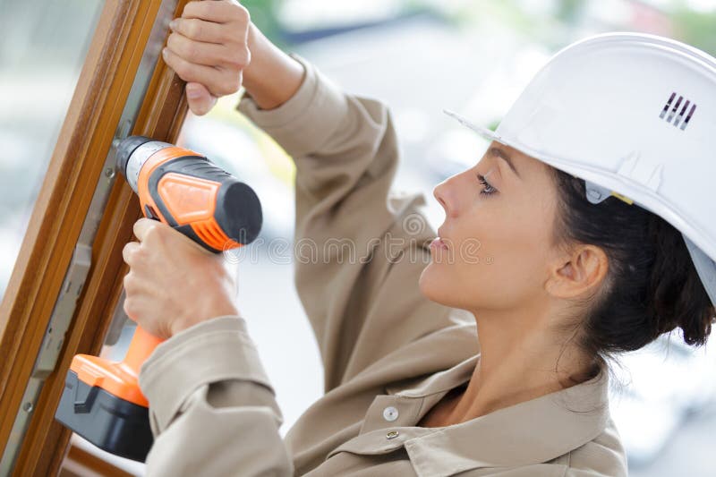 Construction Worker Drilling Window Stock Photo - Image of apartment ...