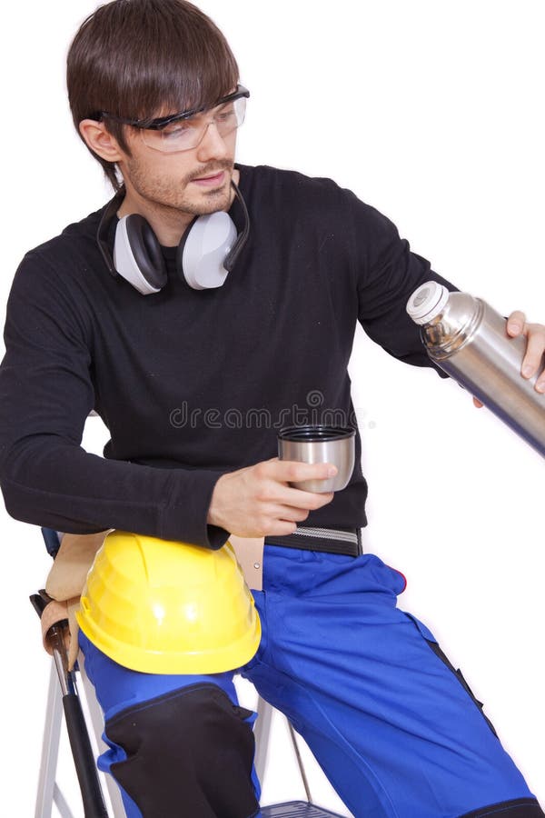 Construction Worker Drinking Coffee Stock Photo - Image of goggles ...
