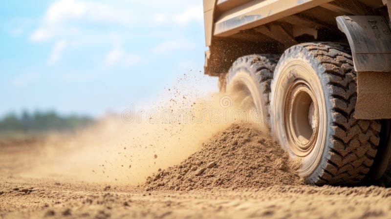Dump Truck is Unloading Sand on a Construction Site, Creating a Cloud ...