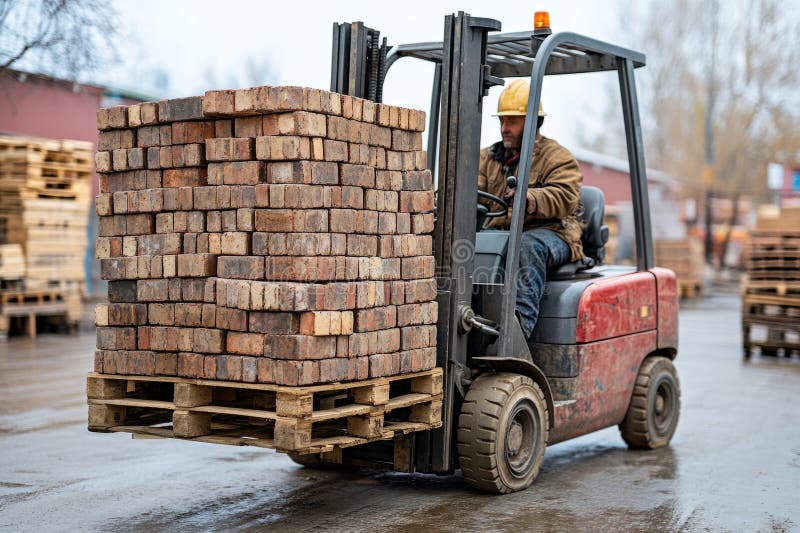 Construction Worker Driving Forklift Carrying Bricks on Pallet in ...