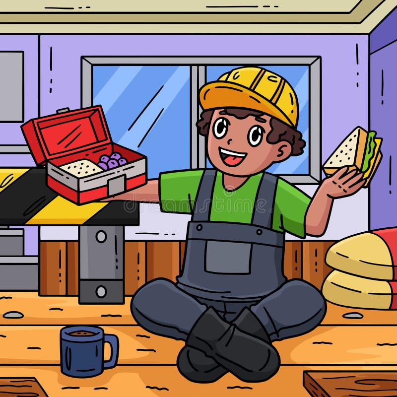 Construction Worker Eating Lunch Colored Cartoon Stock Vector ...