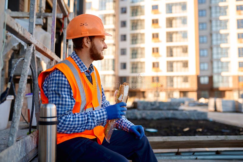 Construction Worker Eating Sandwich during Lunch Break Stock Photo ...