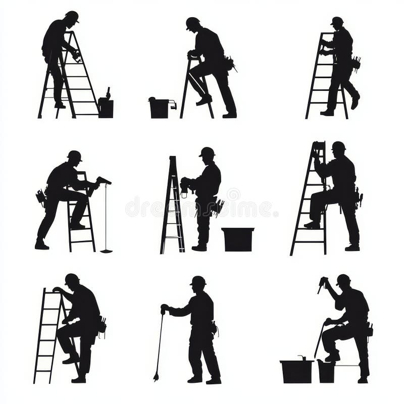 A Construction Worker Engaged in Tasks, Illustrated in Multiple Poses ...