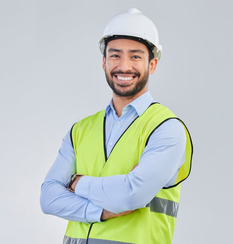Construction Worker, Engineer and Studio Portrait of Happy Man in Vest ...