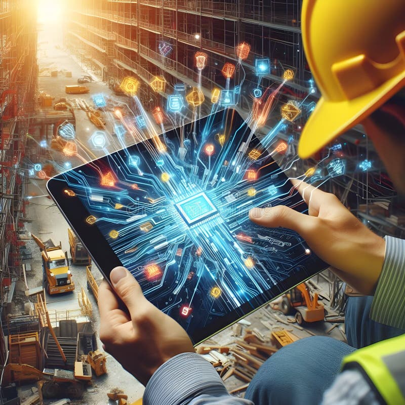 Construction Site Worker Icons Connections Smart Industry Tablet ...