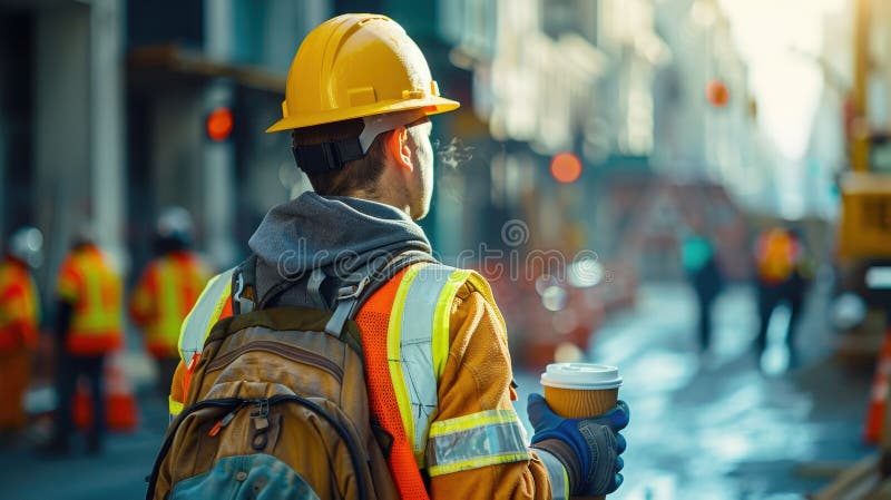 Construction Worker Enjoying a Hot Coffee Break during a Busy Workday ...