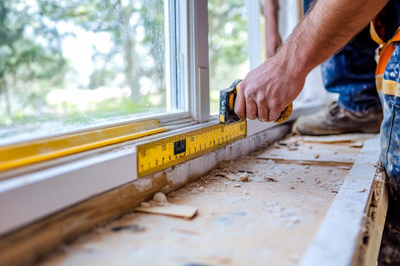 Construction Worker Ensures Precision with Level while Installing ...