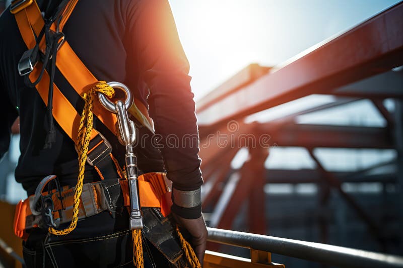 Construction Worker Ensuring Safety Wearing Safety Harness and Safety ...