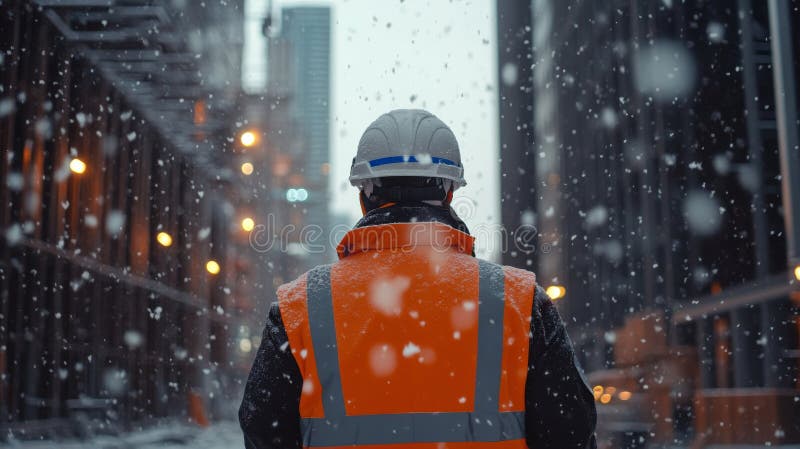A Construction Worker, Equipped with Safety Gear and an Orange Jacket ...