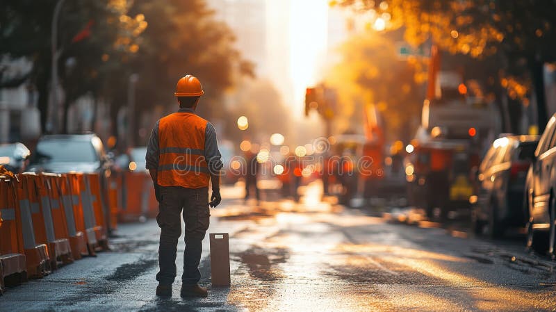 Construction Worker Establishing Safety Barriers Public Workspace ...