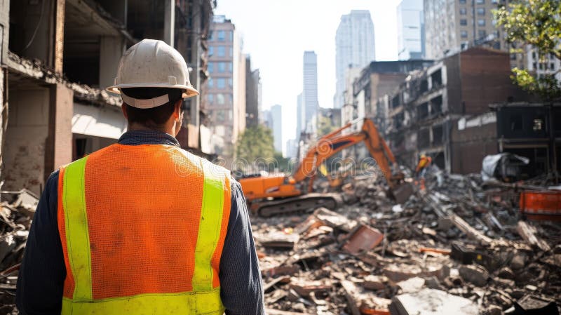 Construction Worker Evaluates Damage at Urban Demolition Site Amidst ...